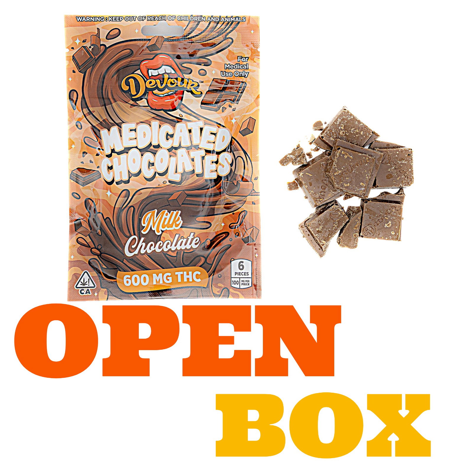DEVOUR - MEDICATED CHOCOLATE - MILK CHOCOLATE - OPEN BOX - 600MG (6 ...